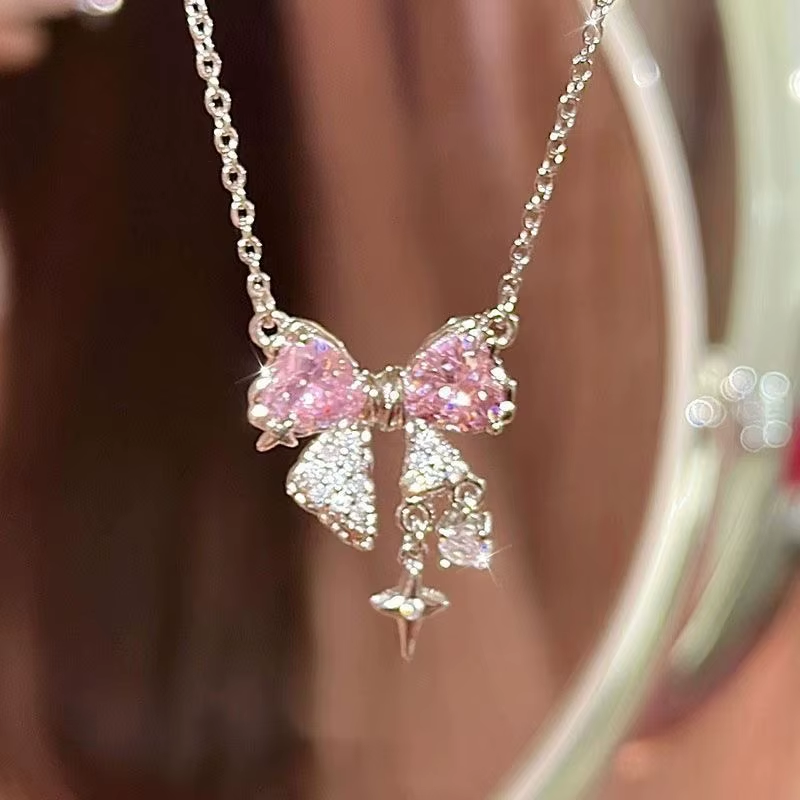 Silver Color Pink Bow Rhinestone Tassel Pendant Necklace Women Cute ...