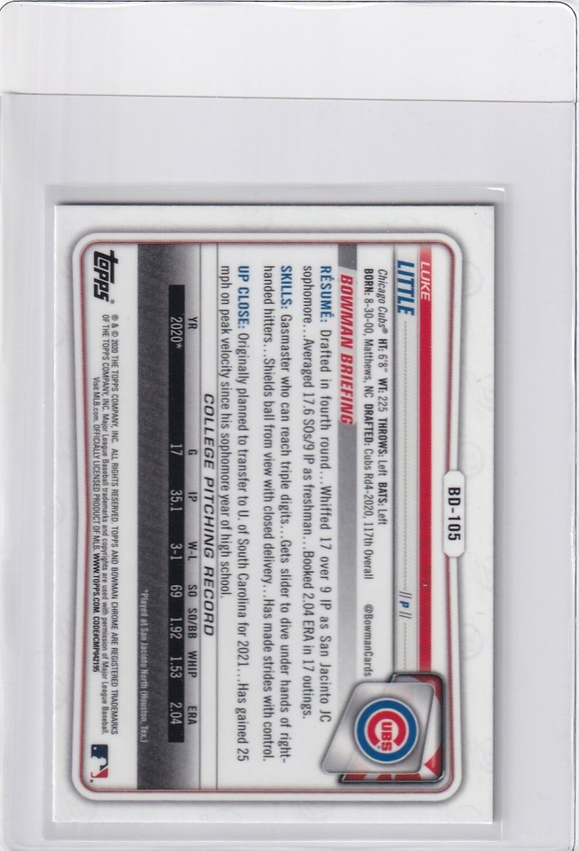 2020 BOWMAN CHROME 1ST RC LUKE LITTLE CHICAGO CUBS FIRST ROOKIE Z1476 ...