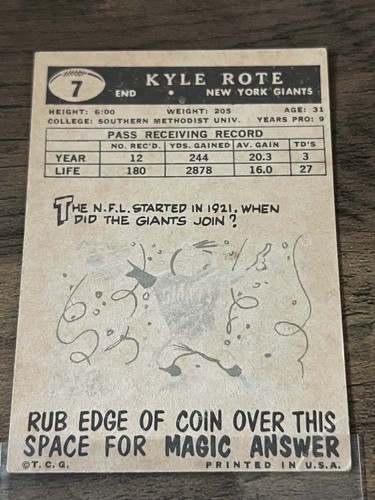 1959 Topps NFL #7 Kyle Rote New York Giants | eBay