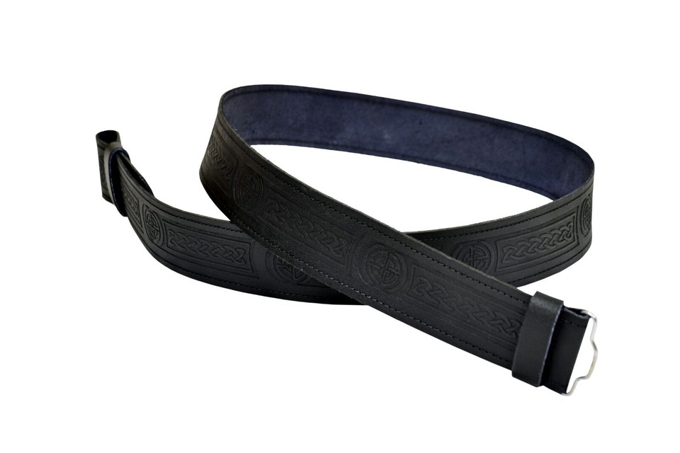 Leather Kilt Belt Adjustable size for Kilts Highland Black Embossed or ...
