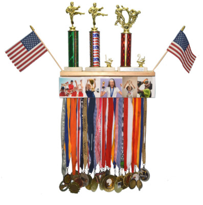 Medal Hanger and Trophy Shelf with Photo Display and 25 Hooks for Award ...