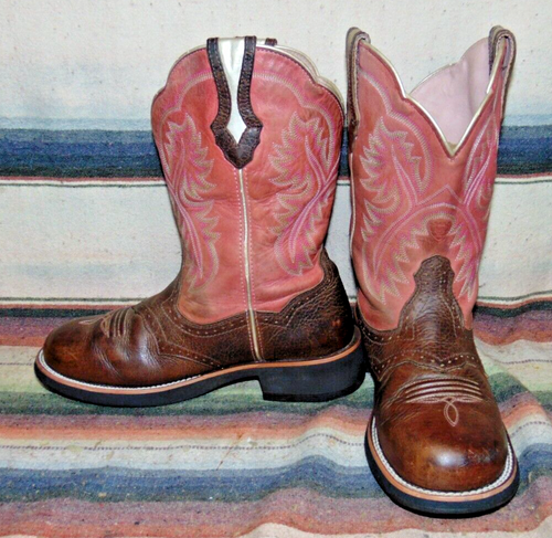 Womens Ariat Fat Baby Brown / Pink Leather Shorty Cowboy Boots 7.5 B ...