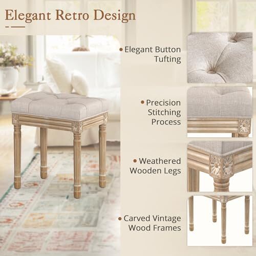 Upholstered Fabric Vanity Bench Seat, Makeup Stools for Vanity, Linen ...