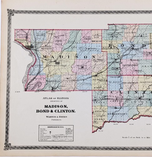 1875 ILLINOIS County Map MADISON BOND CLINTON (16X13) ORIGINAL ANTIQUE ...