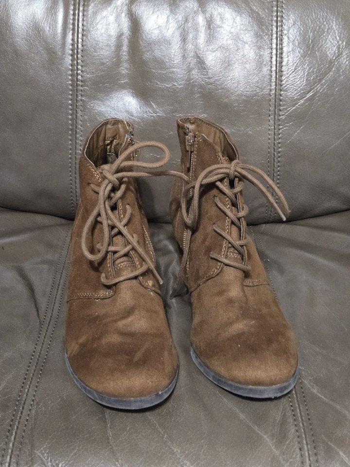 American Rag -Baylie- Lace up/ side zip Wedge Bootie, chestnut, Women's ...