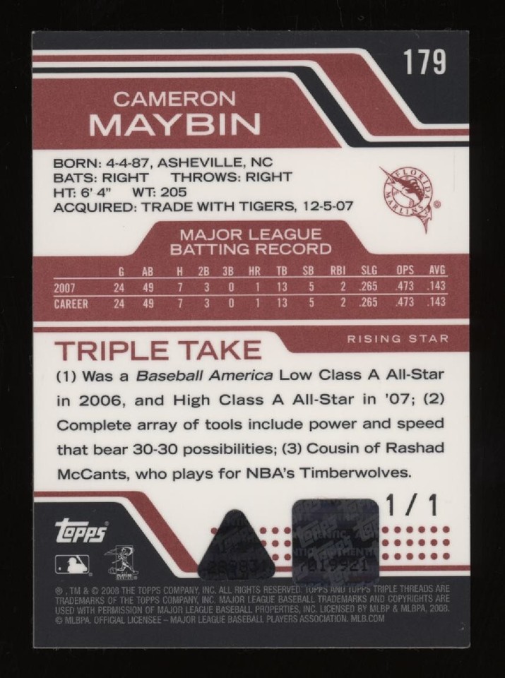 2008 Cameron Maybin Topps Triple Threads Printing Plate Auto Autograph ...