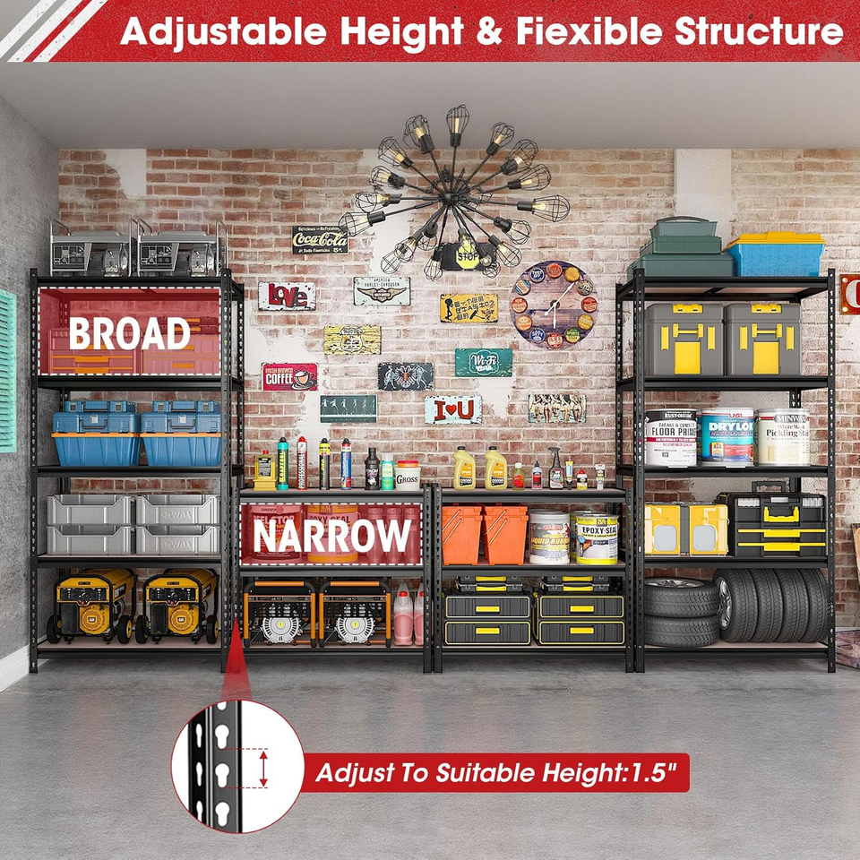 72" Metal Storage Shelf 5-Tier – 1500LBS Heavy Duty Adjustable Rack for ...