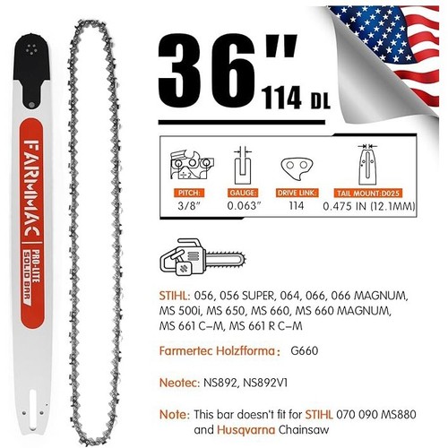 36 Inch Chainsaw Guide Bar & Chain Combo Alloy Chainsaw Bar, 3/8" Pitch ...