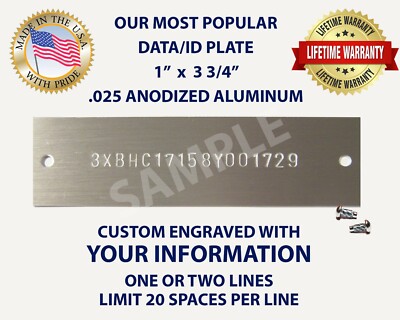 ENGRAVED VIN SERIAL NUMBER DATA PLATE TAG DATA ANODIZED ALUMINUM 1" x 3 ...