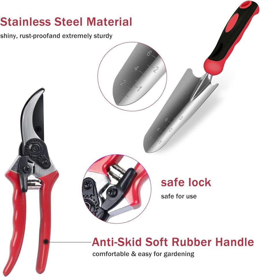 Red Gardening Tools, WisaKey 9 Piece Stainless Steel Heavy Duty Garden ...