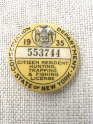 1935 New York Res Hunting Trapping and Fishing License Button SPELLED ...