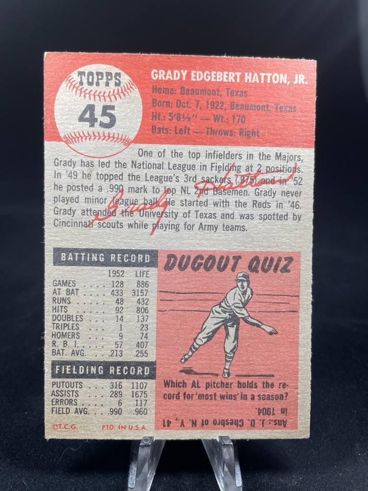 1953 Topps Baseball Grady Hatton #45 Cincinnati Reds | eBay