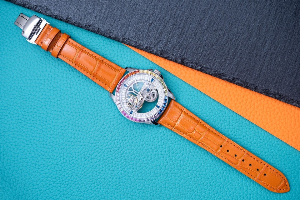 Mens Silver Automatic Mechanical Watch Bridge Rainbow Cubic Orange ...