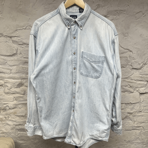 Vintage 90s Gap Light Blue Faded Distressed Denim Button Made in USA ...