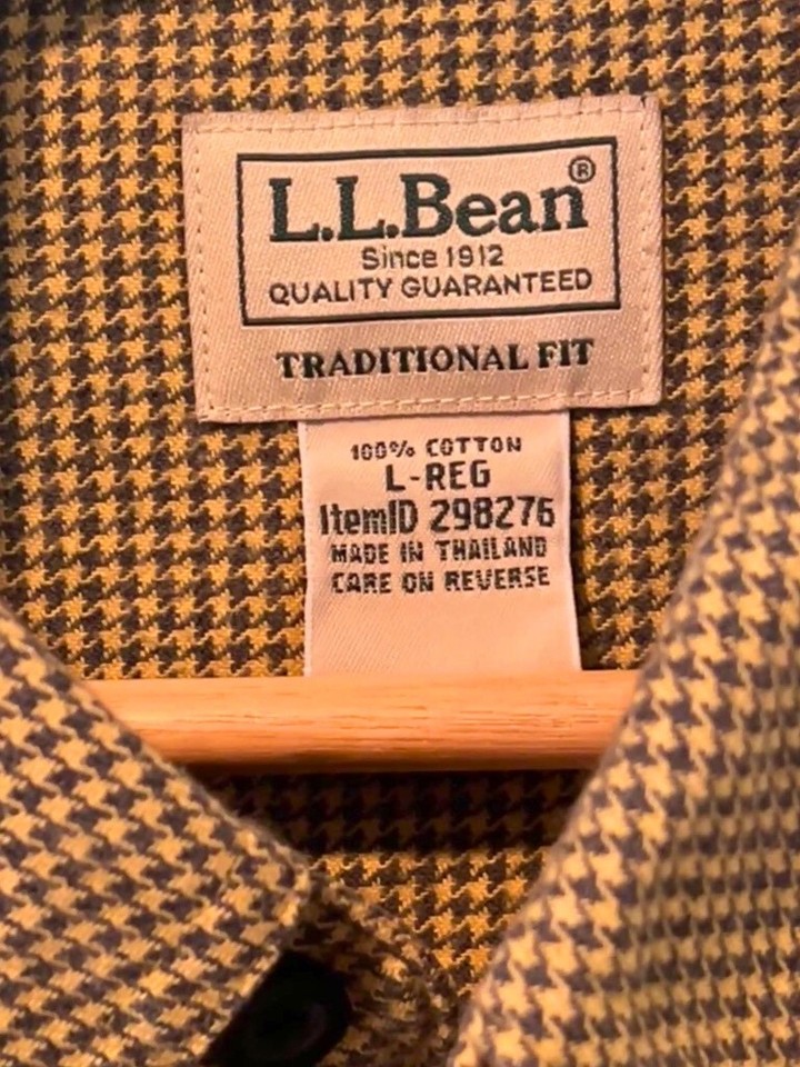 LL Bean Mens Large Yellow Mustard Houndstooth Check Flannel Button Down ...