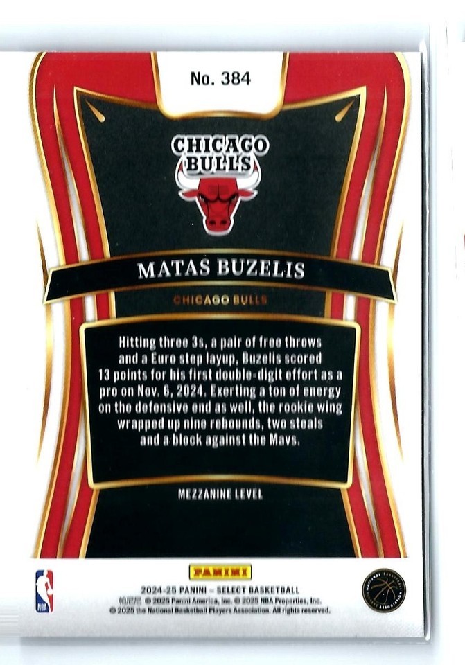 2024-25 Panini Select Matas Buzelis RC Mezzanine Level ROOKIE CARD #384 ...