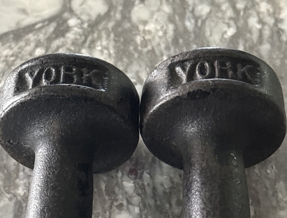 Two Antique York 1 lb promotional round head dumb bell bar weights | eBay