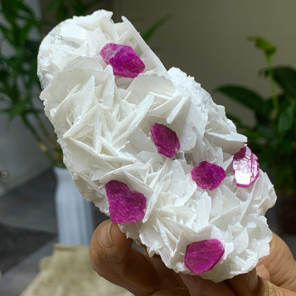 321G Rare Special White Rose Calcite +Flaky Ruby RawCrystal Mineral ...