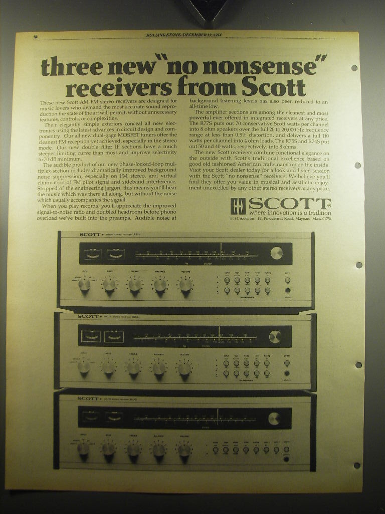 1974 Scott R77S, R75S and R74S Receivers Ad - Three new no nonsense ...