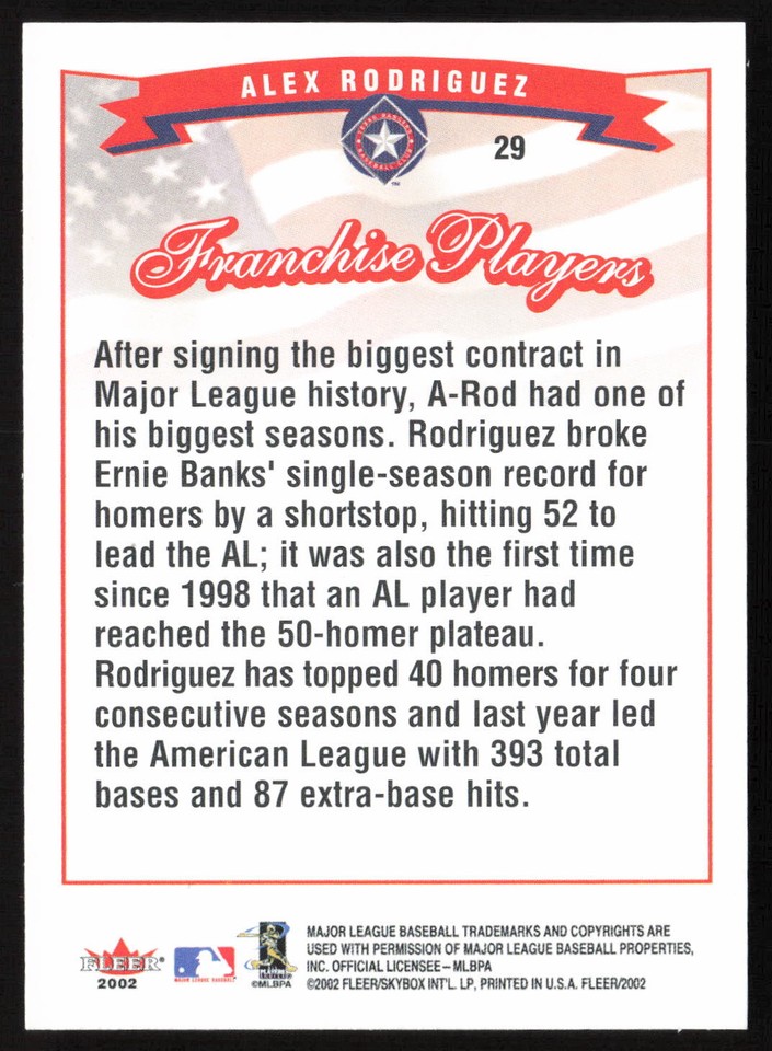 2002 Fleer #29 Alex Rodriguez FP Texas Rangers Card | eBay