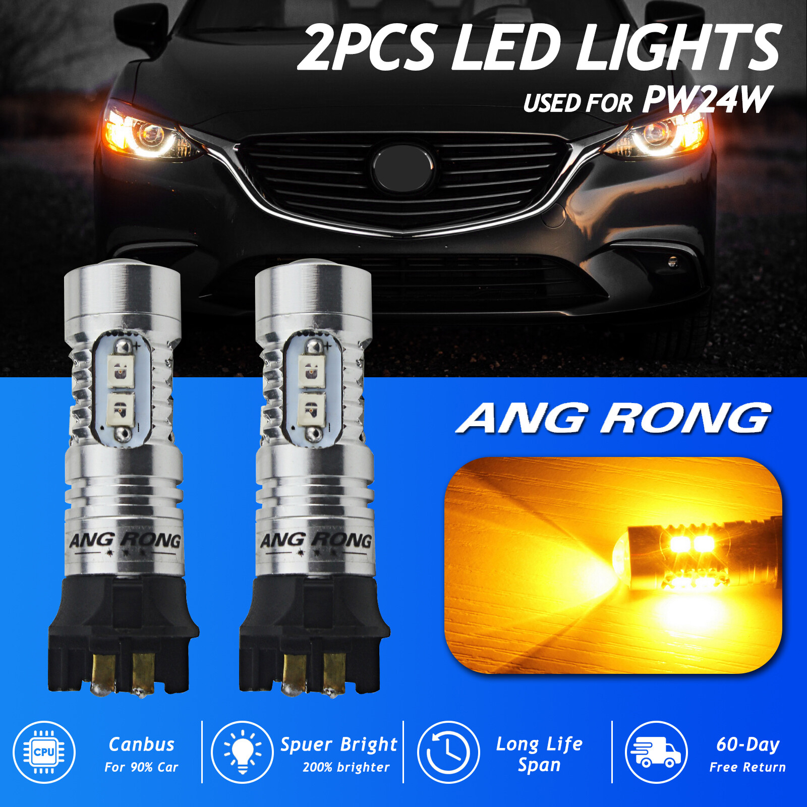 2x Amber PW24W PWY24W LED Daytime Light DRL For VW Golf VII Passat CC ...