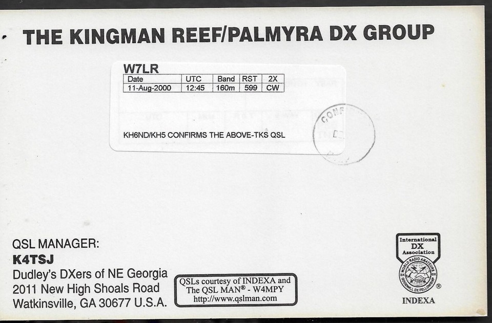 QSL QSO Radio Card"KH6ND/KH5,Mike Gibson,The Kingman Reef",Palmyra ...
