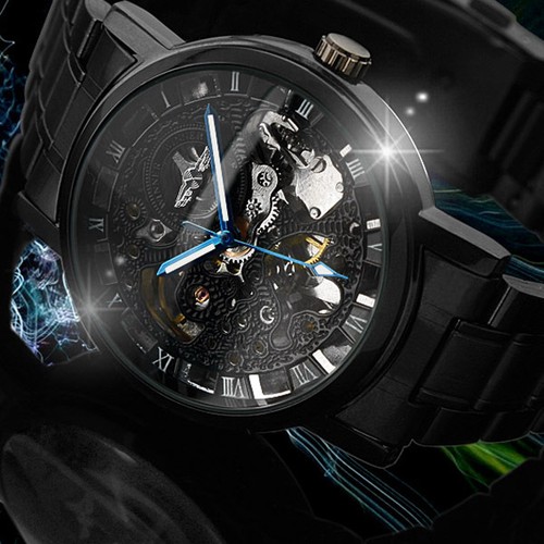 Winner Automatic Black Stainless Steel Case Strap Skeleton Watch Roman ...