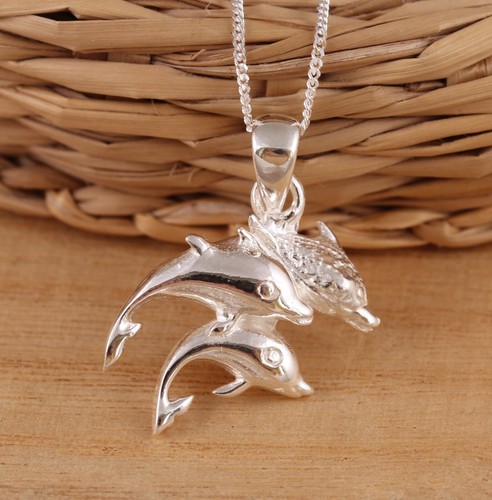 Solid 925 Sterling Silver Triple Dolphin Family Pendant Necklace Chain ...