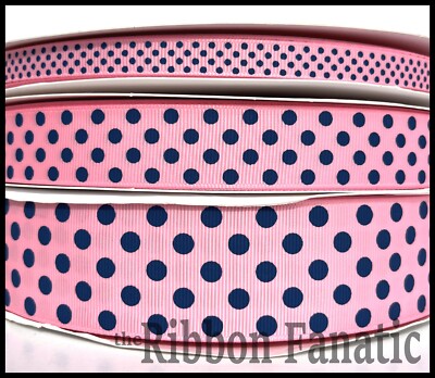 3yds Pink with Navy Blue Polka Dots Preppy 3/8" or 7/8" or 1.5 ...