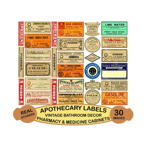 Apothecary Decals, 30 Medicine Cabinet Stickers on 1 Cut & Peel Sheet ...