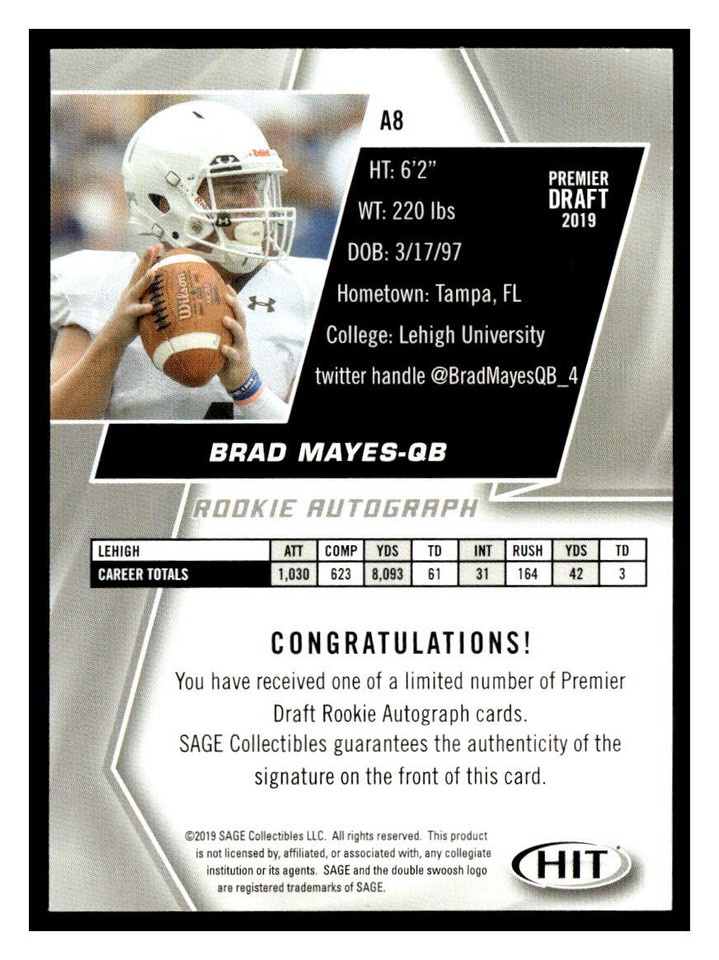 Brad Mayes 2019 SAGE HIT A8 AU, SN100 Autographs Gold Auto | eBay