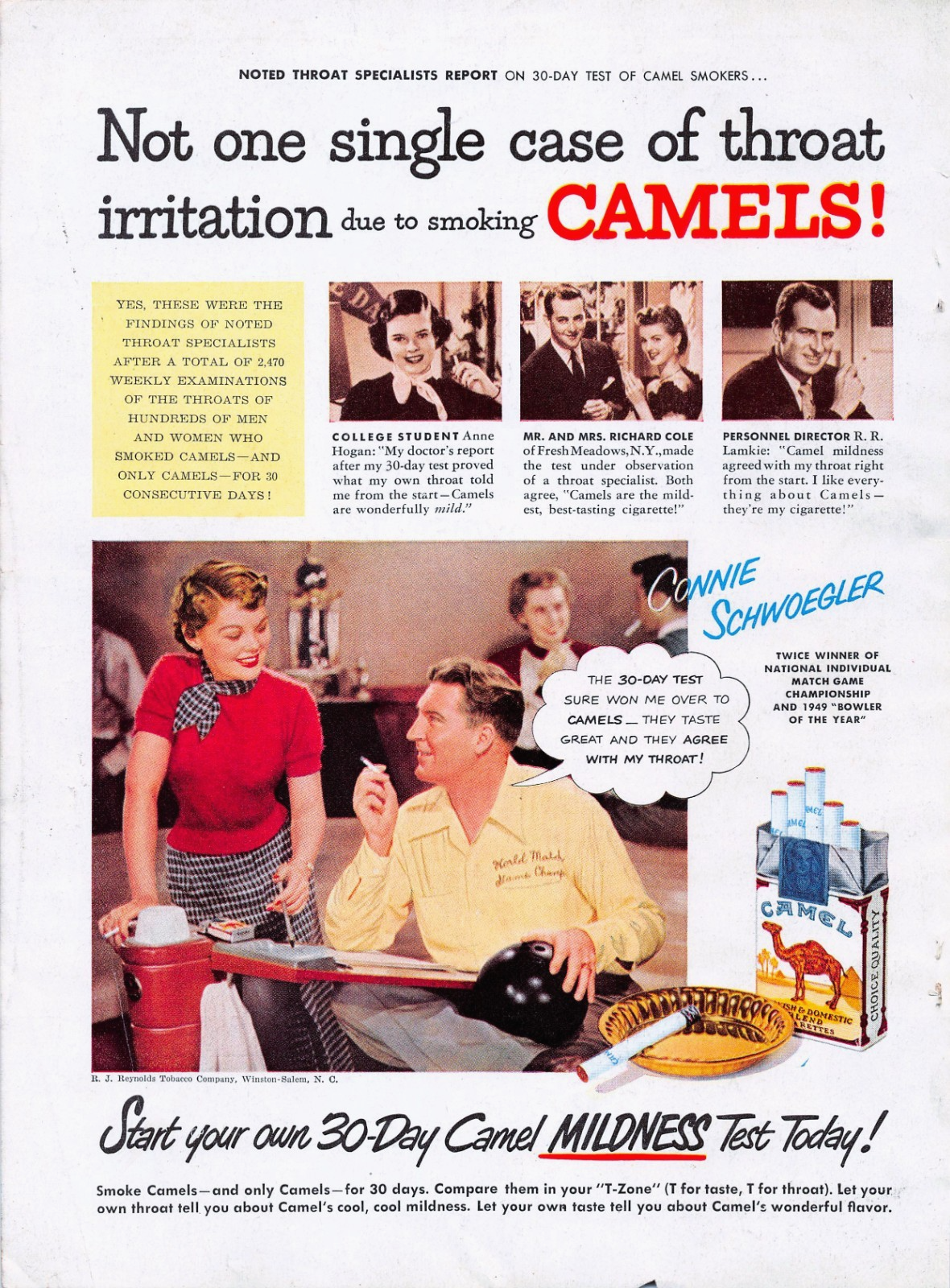 Camel Cigarettes 30-Day Mildness Test Bowling Alley Scene 1950 Magazine ...