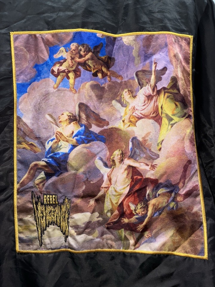 Rebel Vengeance Black Bomber Jacket L Gold Detail Angel Art Patch Alt ...