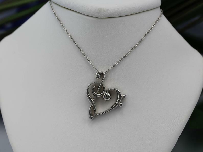 Musical Note Clef and Bass Women Love Charm Pendant Chain White Gold ...