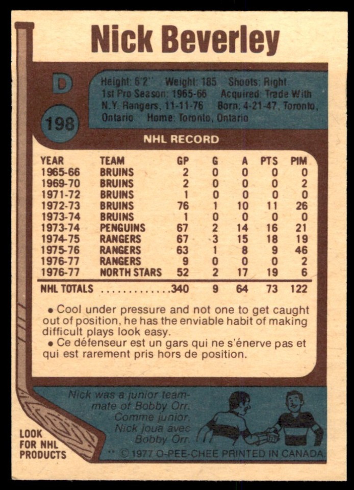 1977-78 O-Pee-Chee NM-MT Nick Beverley #198 | eBay