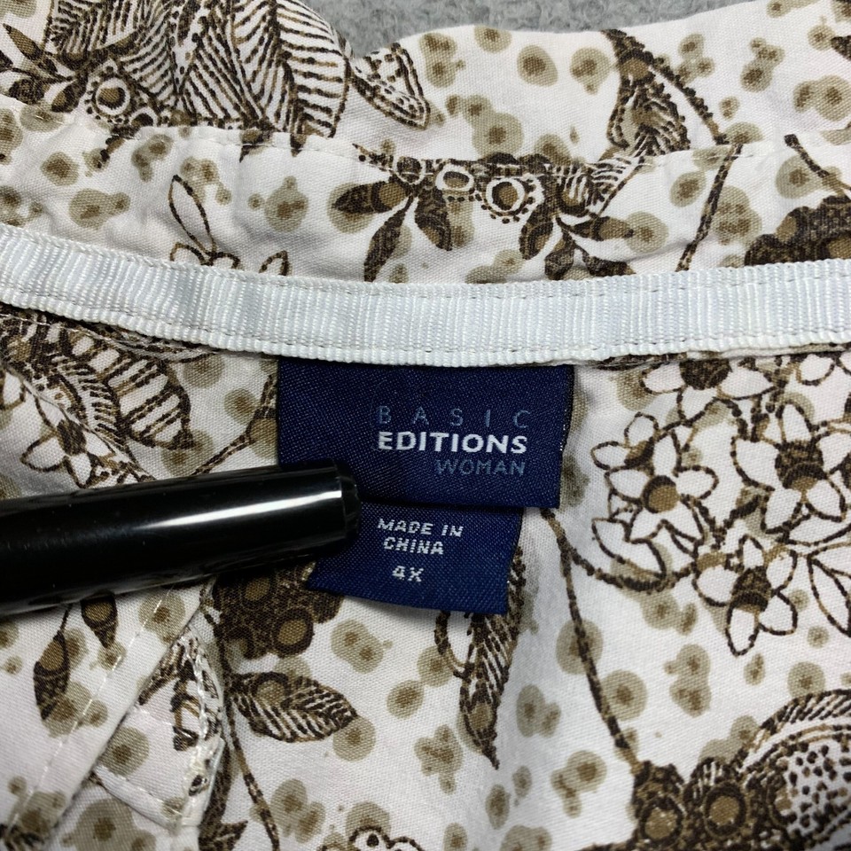 BASIC EDITIONS Shirt Womens 4X Button Up Blouse Top Floral 3/4 Sleeve White | eBay