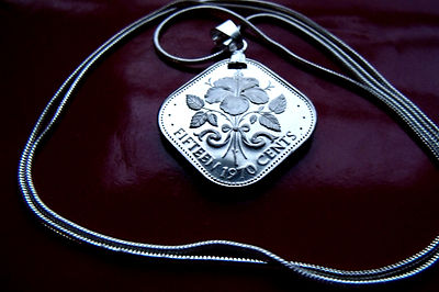 Bahamas Hibiscus Square Coin Jewelry Pendant on 22" 925 Silver Snake ...