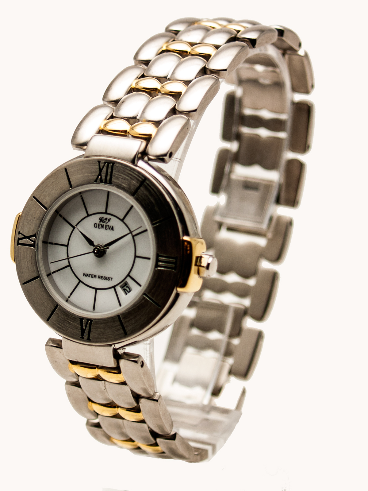 GQI GENEVA:WOMEN'S STAINLESS STEEL BAND WITH GOLD TONE ROUND CASE DATE ...