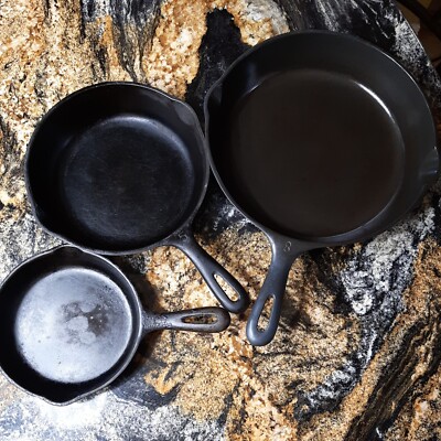 3 Vintage Unmarked WAGNER Cast Iron #3 #5 #8 SKILLETS FRY PANS W/Pour ...
