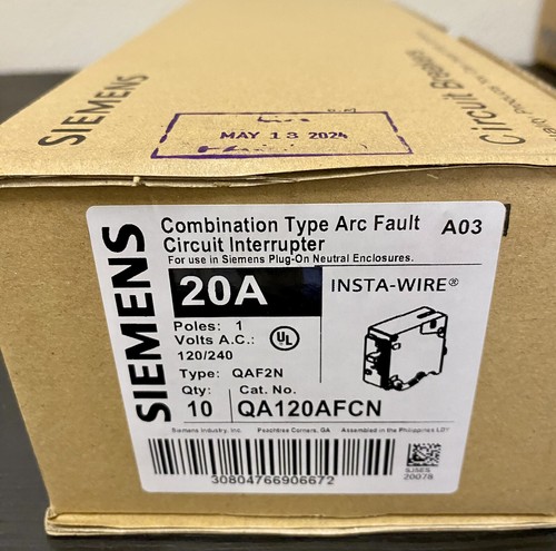 Lot Of 10 Siemens QA120AFCN 120V 20A 1-Pole Circuit Breaker Plug On New ...