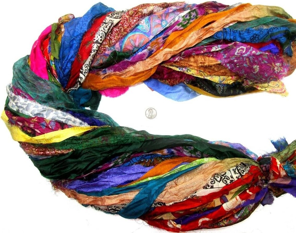 ABB Vintage Fabrics Crafts 100 Strips 42 YDS Recycled Silk Sari Ribbon ...