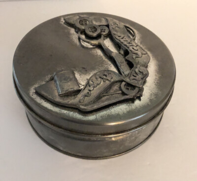 Pewter A Stitch In Time Lid Scissors Buttons Thread Metal Sewing Tin | eBay