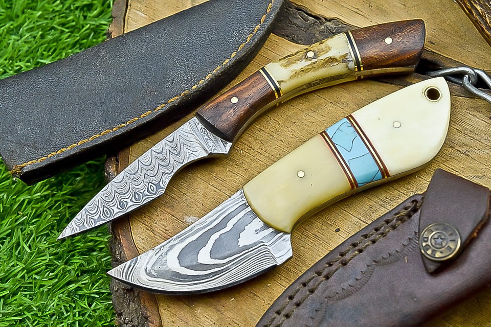 2 PCS Handmade Damascus Hunting Knives – Skinning & Camping Knife Set W ...