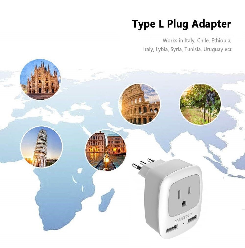 Italy Travel Power Adapter 3 Prong Grounded Plug with USB Port to ...