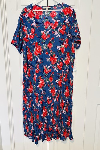 NWT Woman Within Sz 1X Blue Red Floral Dress Short Sleeve Crinkle Flowy ...