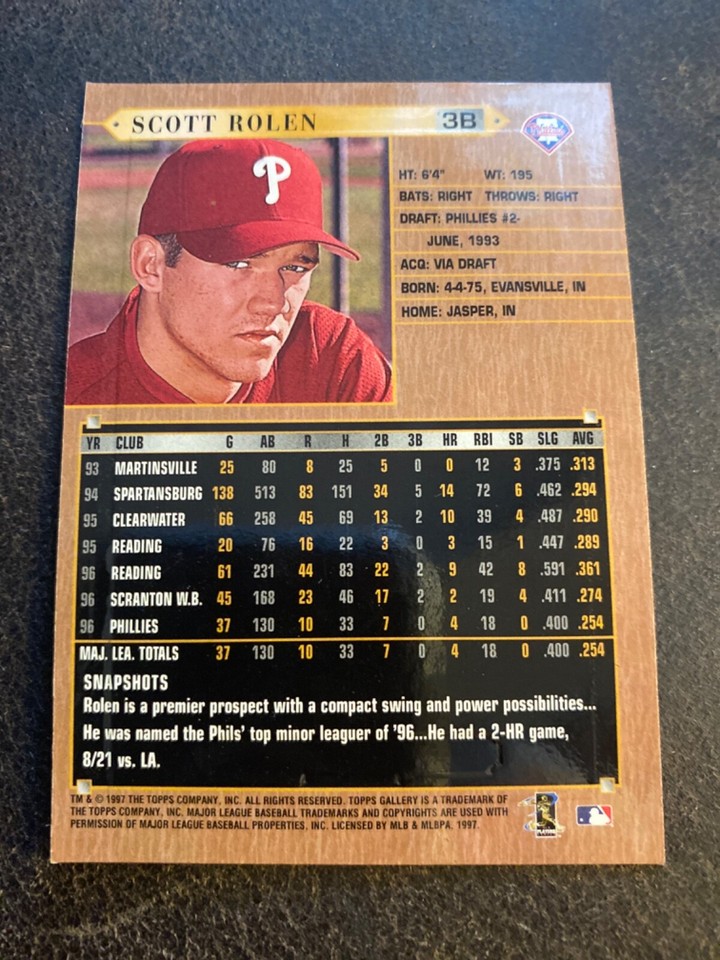 1997 Topps GALLERY SCOTT ROLEN ROOKIE BASEBALL CARD PHILLIES HOFer ...