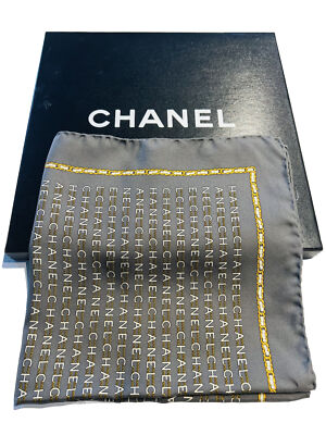 Chanel Paris 100% Silk Gray Yellow Logo Letter Handkerchief Scarf 17”x ...