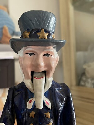 Vintage Uncle Sam The Tax Man w Bag Coin Bank Cast Iron Heavy 10.5” T ...