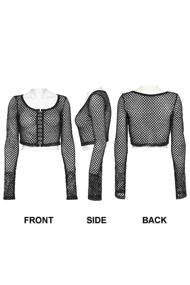 PUNK RAVE Fishnet Crop Top Netz-Top Langarm Schwarz Transparent ...