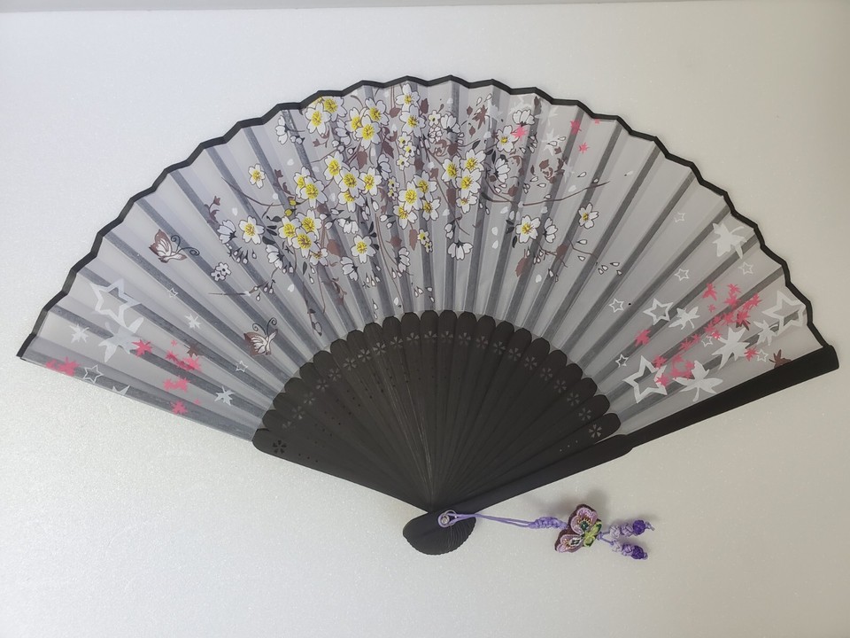 Korean Traditional Bamboo Print Hand Fan w Case & Tassel BLACK/TECH ...